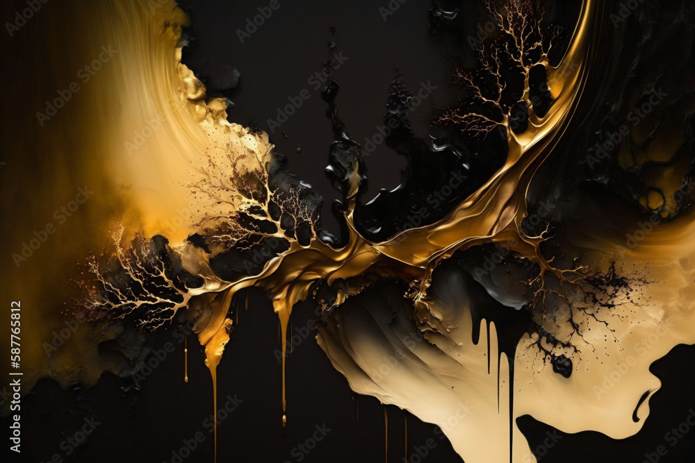 Contemporary Abstract Paint Swirls Background in Beautiful gold black ...