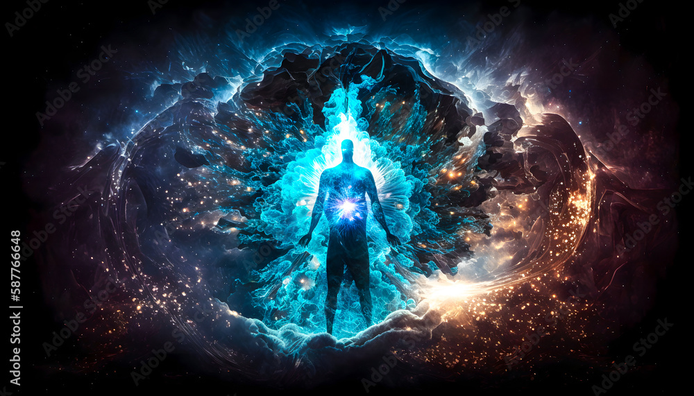 Astral silhouette of human in cosmic space meditate. Back view man fly ...