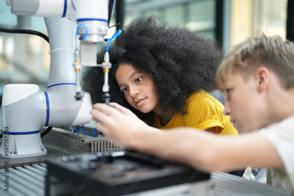 Children learning AI technology Robot with artificial intelligence ...