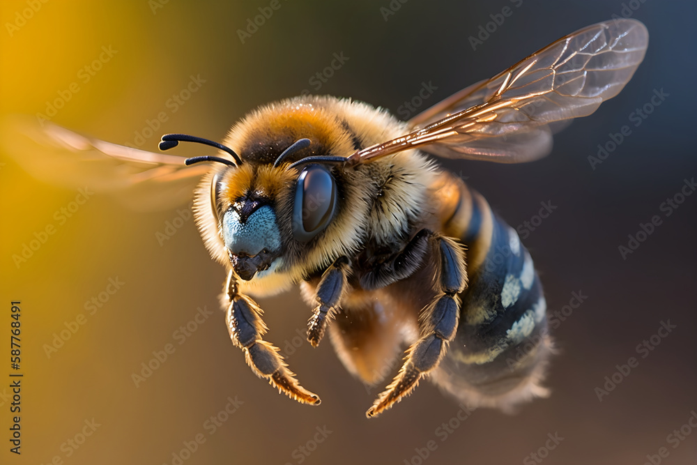 Closeup view of honey bee on the table, in a flight and on honeycomb ...