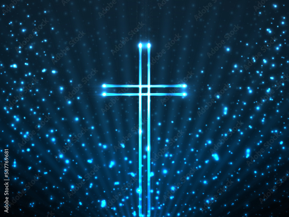 Glowing christian cross on background glitter particles and glowing ...