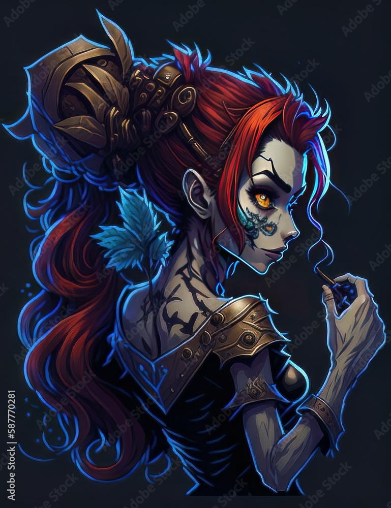 Color highly detailed comics sticker of cute pretty anime undead girl ...