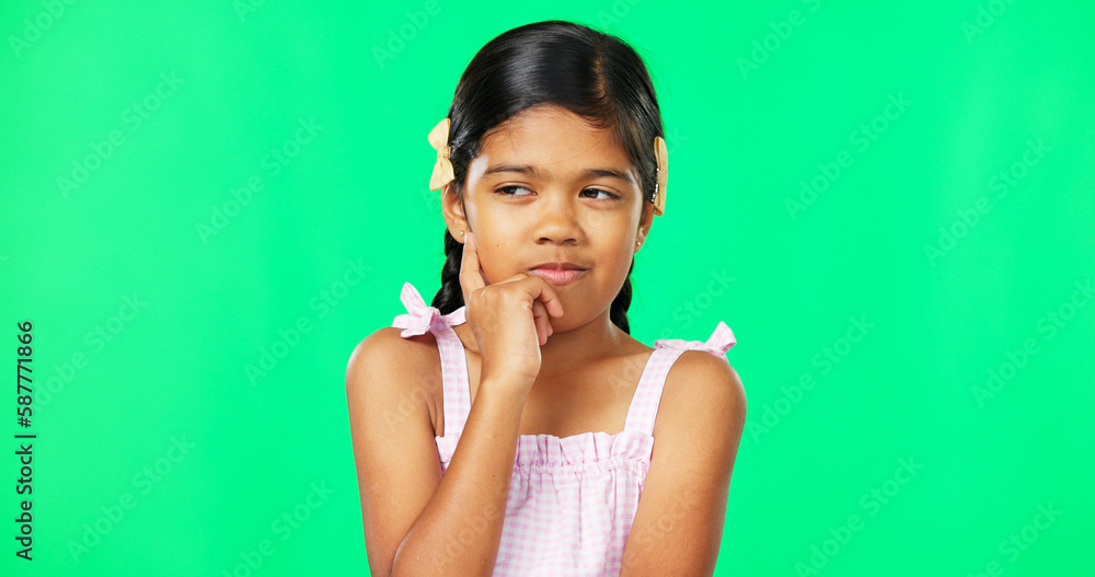 Thinking, green screen and idea by child with a question feeling ...