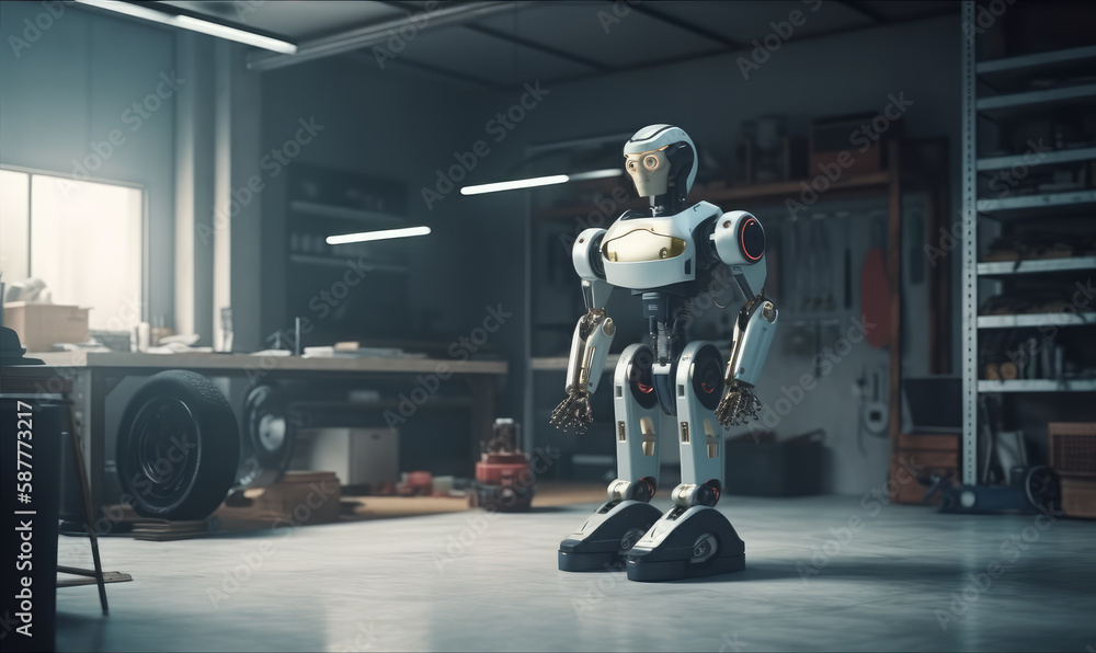 Smart robot as home assistant with artificial intelligence on modern home garage background ...