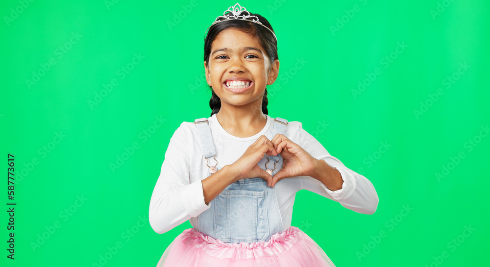 Heart, green screen and love hand gesture by child excited, smile and ...