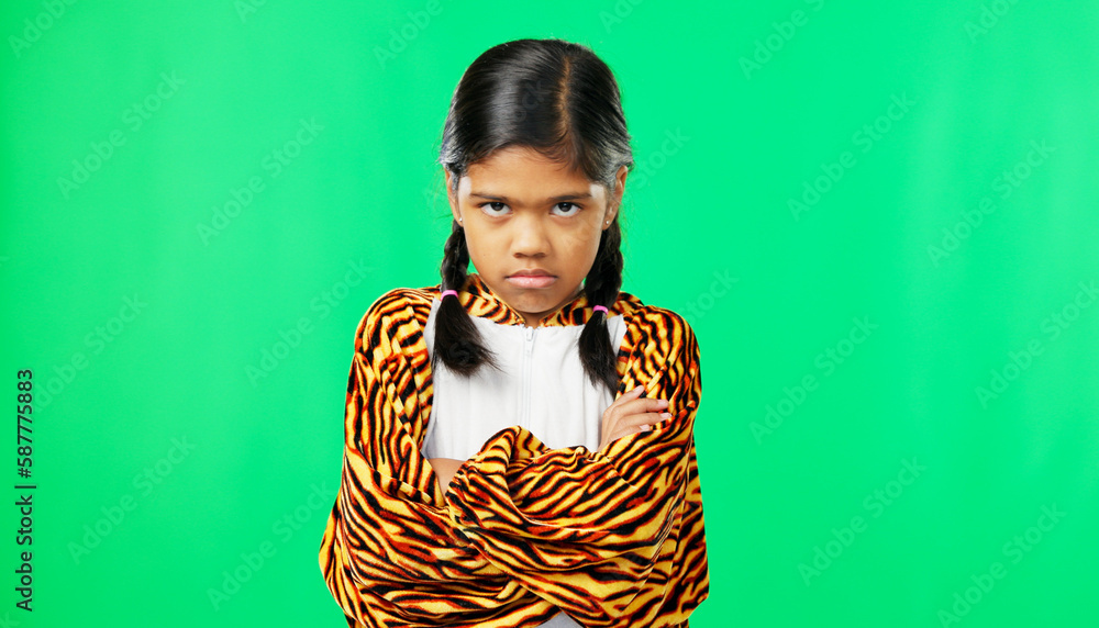 Girl child, angry face and green screen studio with arms crossed ...