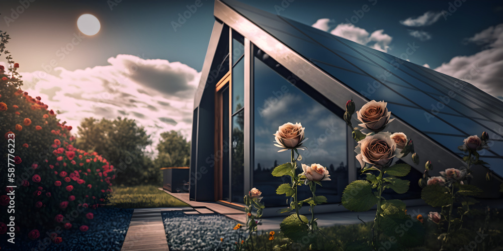 Modern house with solar panel and beautiful roses garden. Photovoltaic ...