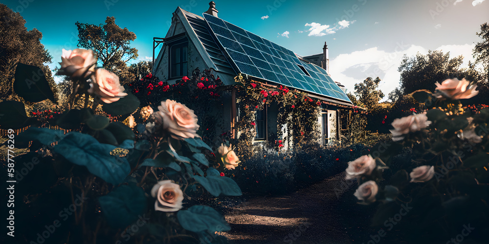 Modern house with solar panel and beautiful roses garden. Photovoltaic ...