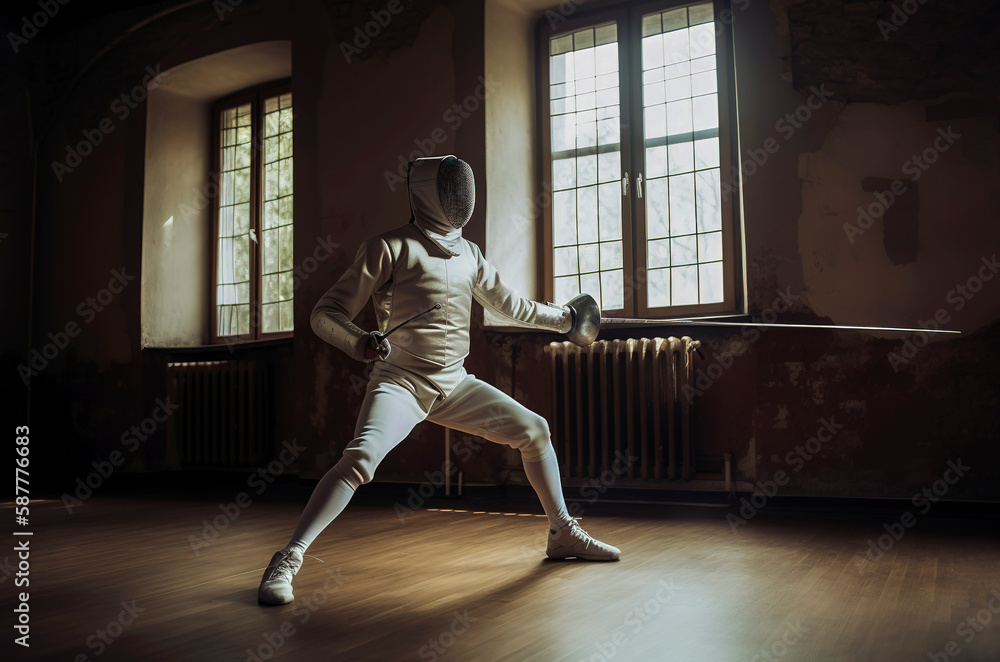 Generative AI illustration of man training fencing in a dark room with ...