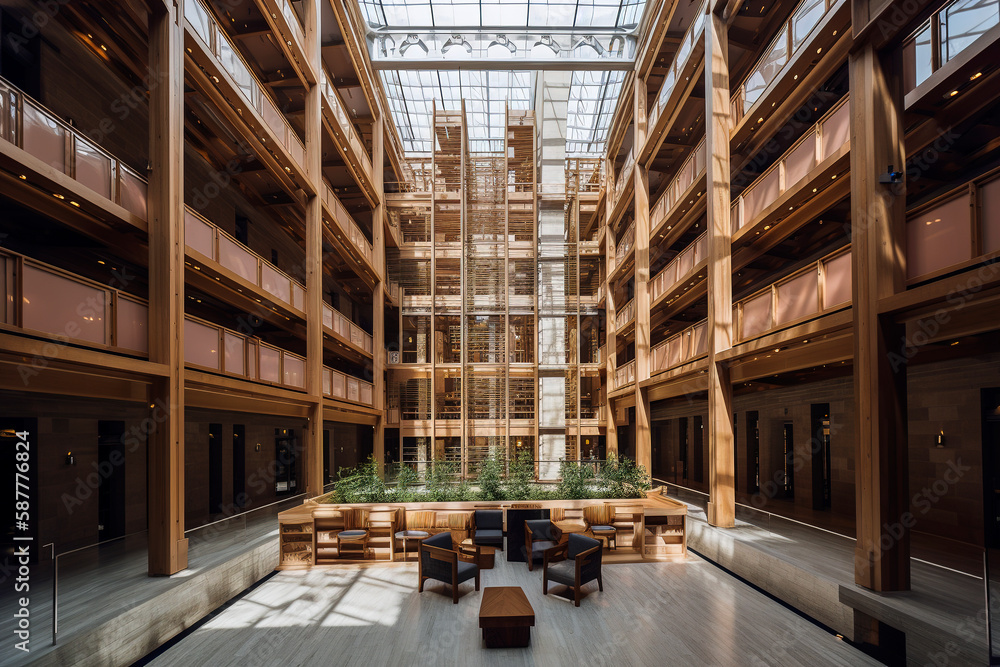 Generative AI illustration of Experimental Architecture Design, massive open atrium, timber ...
