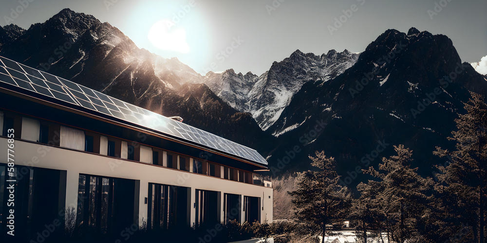 Modern hotel with solar panel installation, mountains in background ...