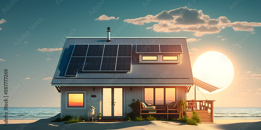 Cute house with solar panel near beach in summer. Modern house with ...