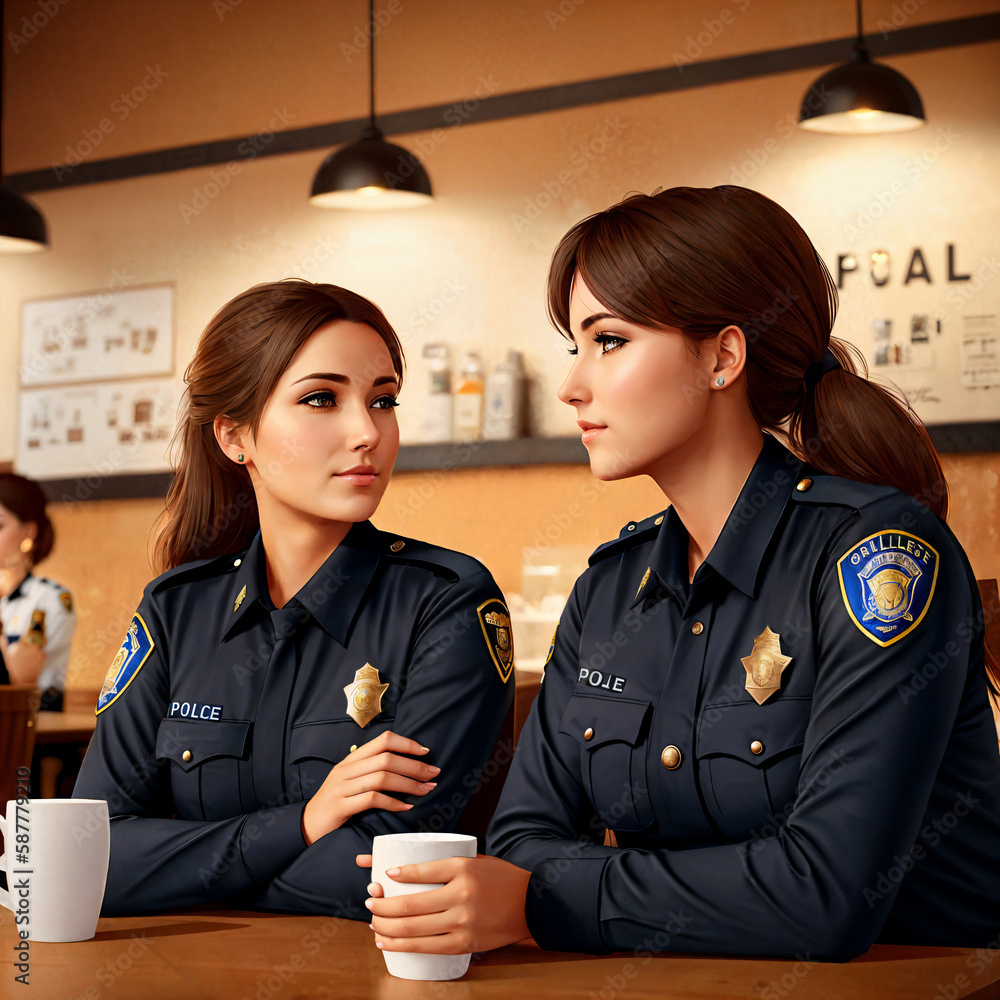 beautiful female police officers sitting in a cozy cafe, wearing ...