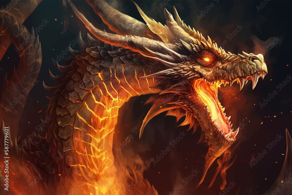 Head of Fantasy Dragon. Ferocious monster. Vicious dragon with a gaping ...