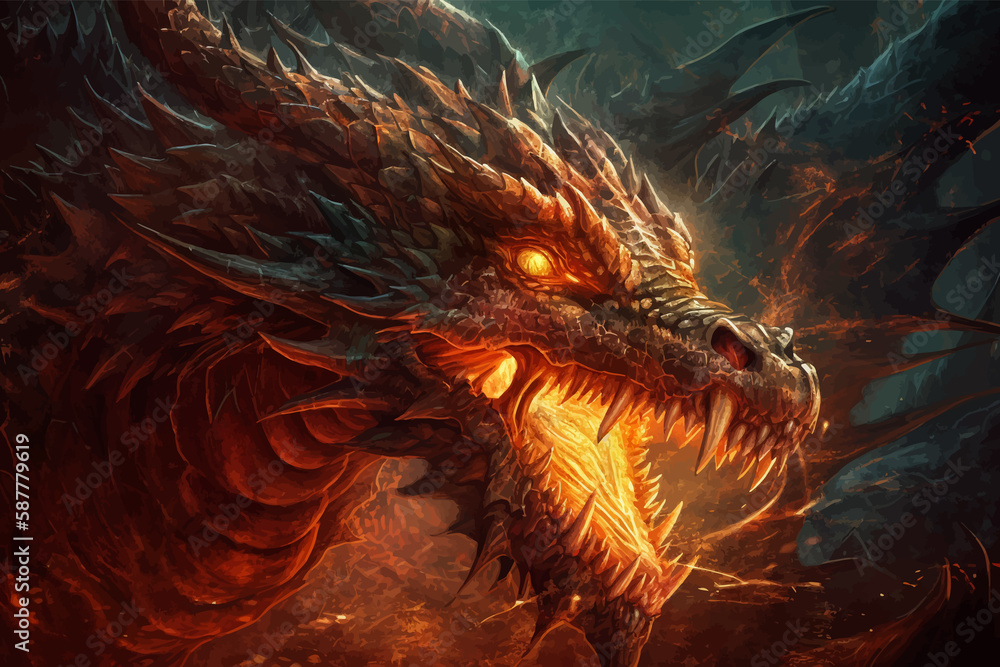 Head of Fantasy Dragon. Ferocious monster. Vicious dragon with a gaping ...