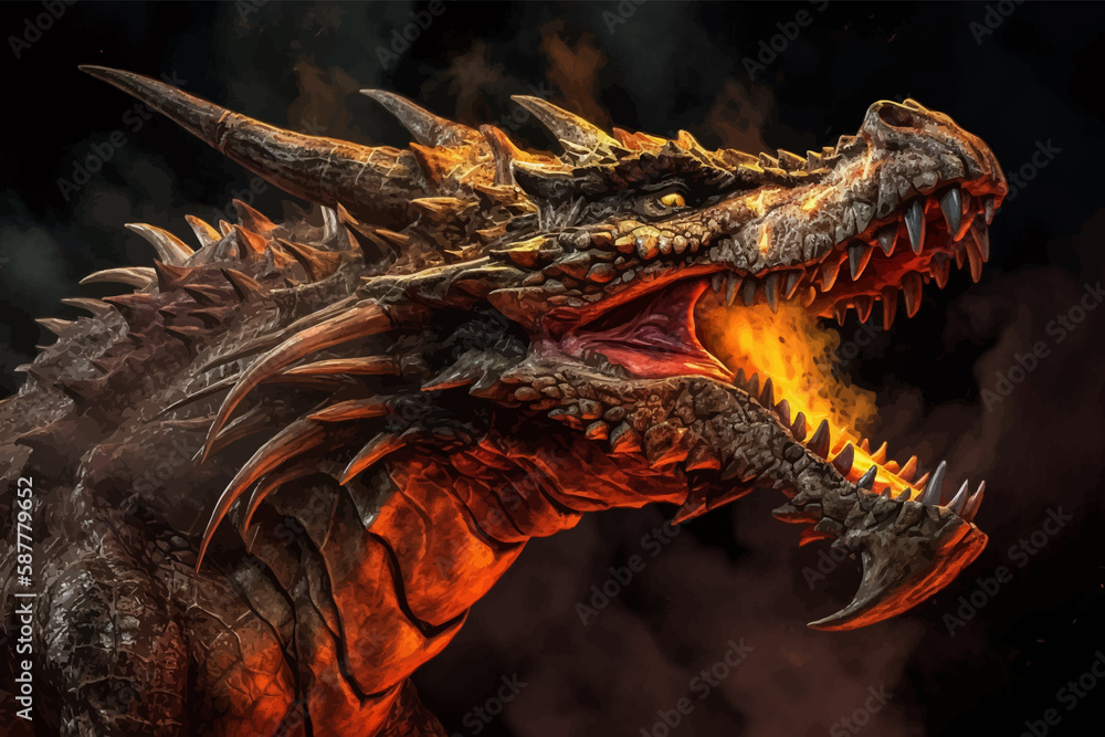 Head of Fantasy Dragon. Ferocious monster. Vicious dragon with a gaping ...