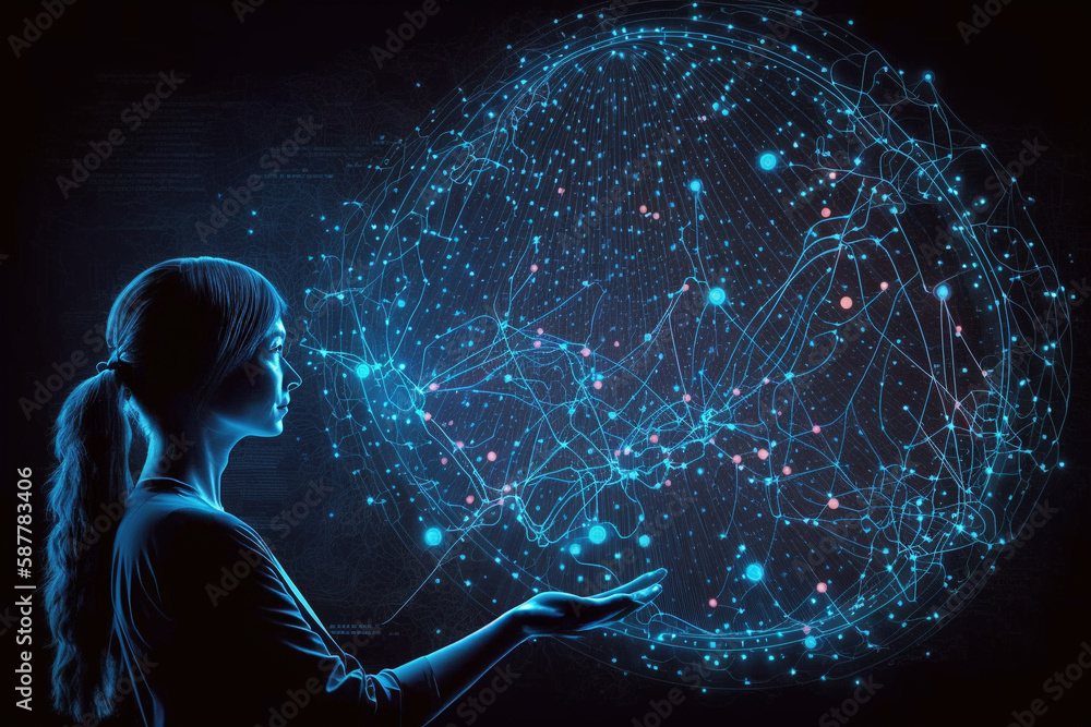 Big data concept, digital neural network, business woman hand touching Introduction of ...