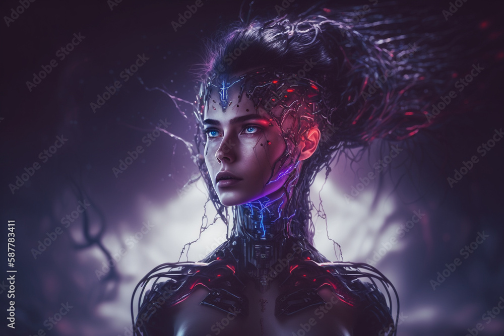 Artificial intelligence in image of cyborg girl with electronic brain ...