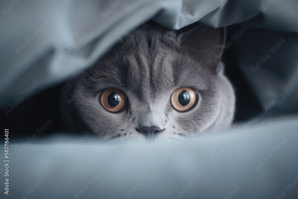 a gray cat peeking out from under a white blanket on a bed. generative ...