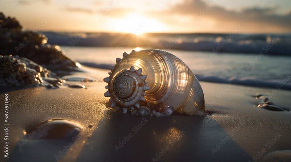 effect light rays through the large Nautilus shell, laying on the beach ...