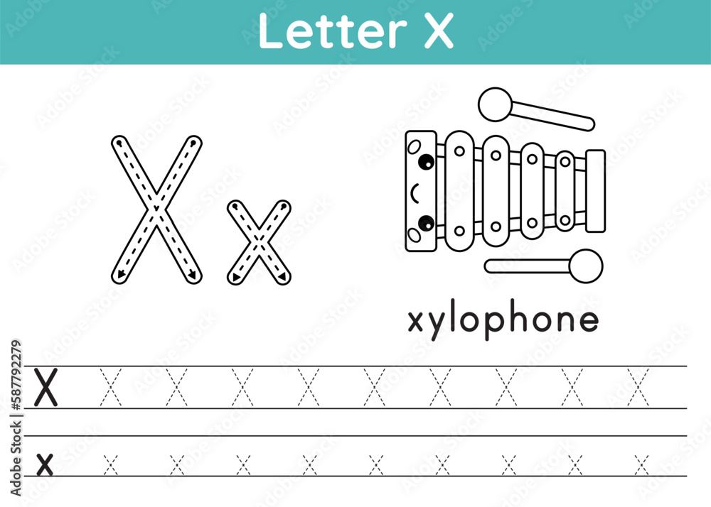 Alphabet ABC, a-z exercise. Coloring page. Trace letter X. Vocabulary ...