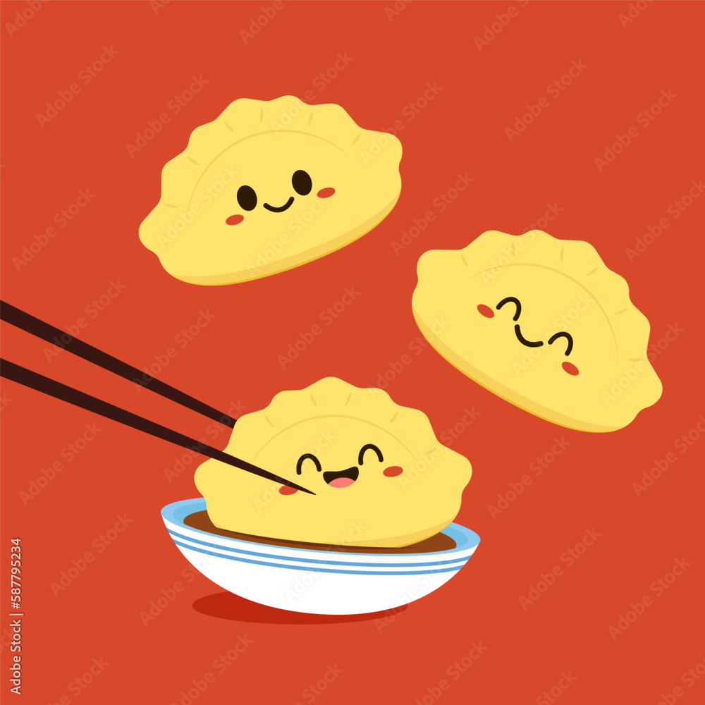 Gyoza vector. Hot dumplings and chopsticks on red background. Steamed ...