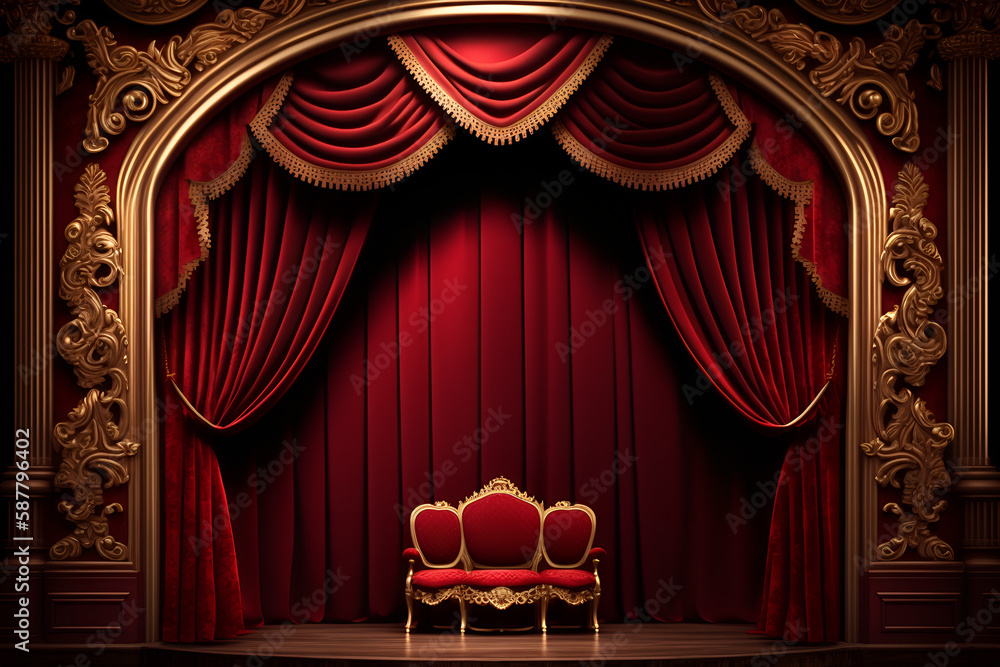 Theater stage with red curtains and spotlights. Theatrical scene in the ...