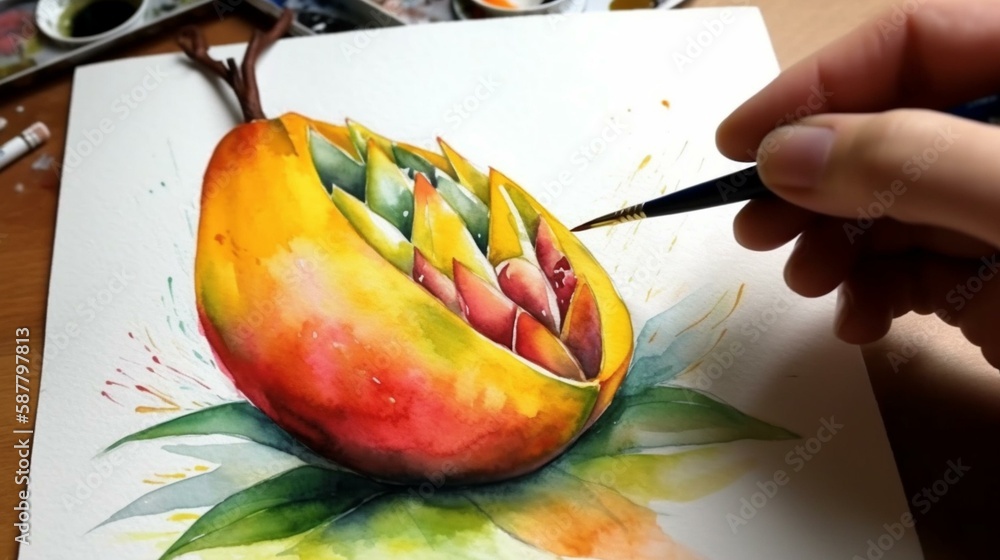 Paint a refreshing and tropical watercolor portrait of a sliced mango ...