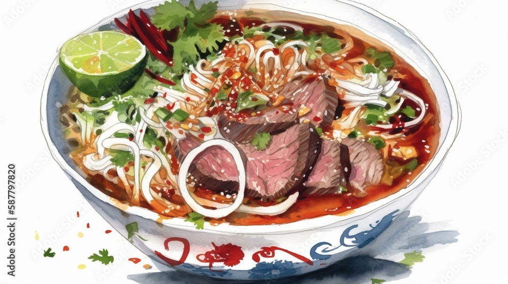 Depict a rich and savory watercolor portrait of a bowl of beef pho on a ...