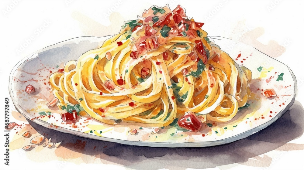 Illustrate a rich and indulgent watercolor painting of a plate of ...