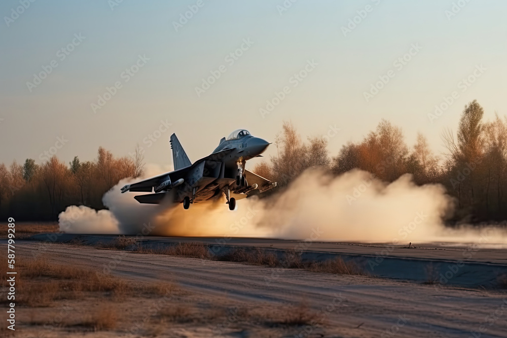 Military jet in swift takeoff, depicted in action on the runway Stock ...