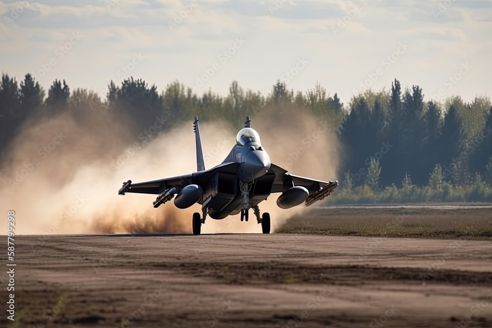 Combat military fighter rapidly takes off at high speed from the runway ...