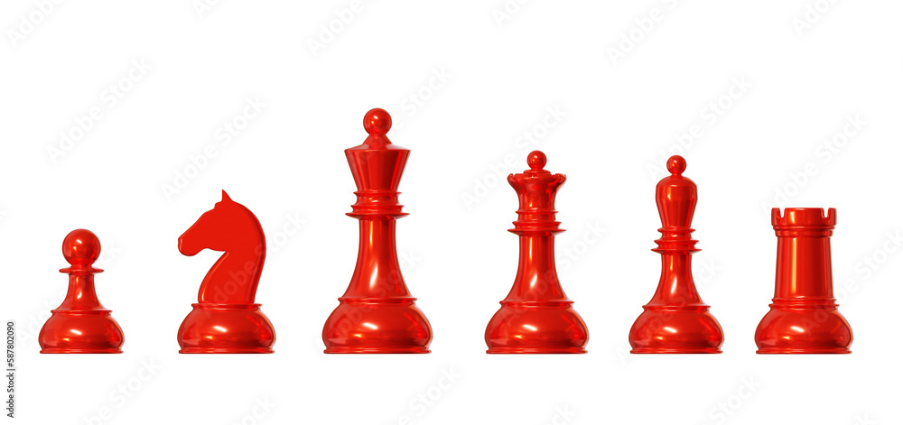3d red chess pieces set of king, knight, queen, rook, bishop and pawn ...