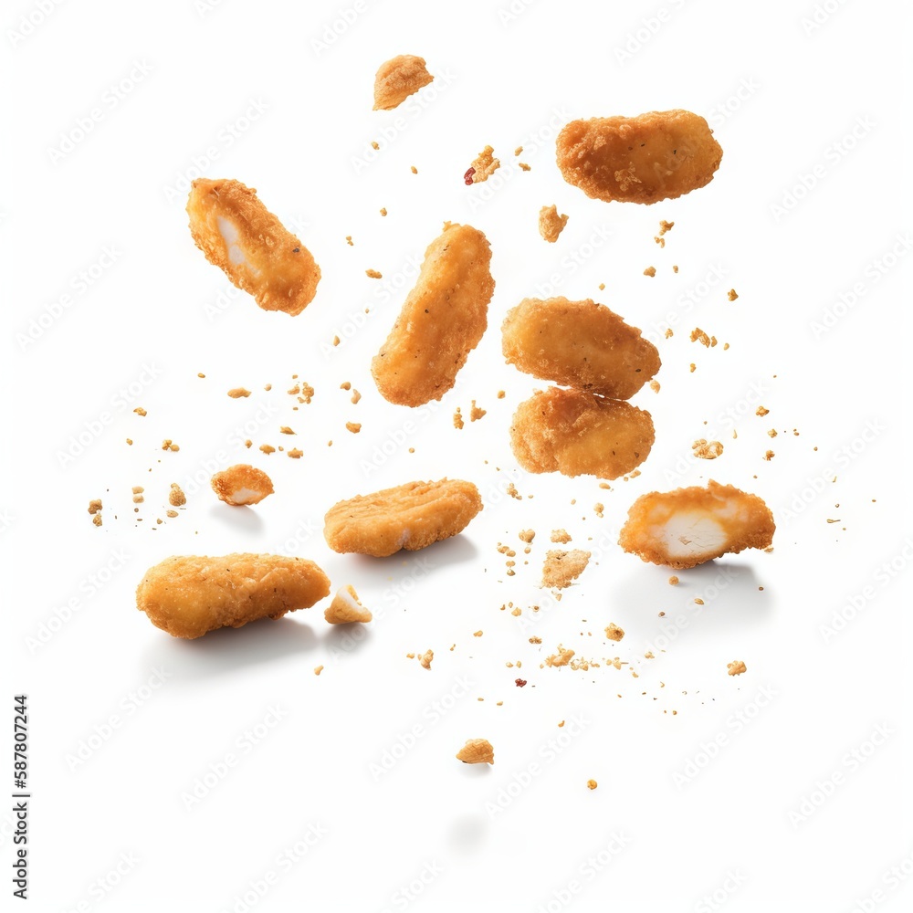 chicken nuggets flying with sauce on white background "ai generated ...
