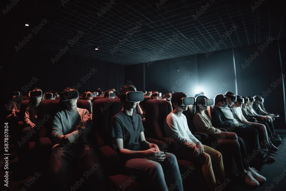 Virtual reality cinema, with a group of people wearing VR glasses while ...