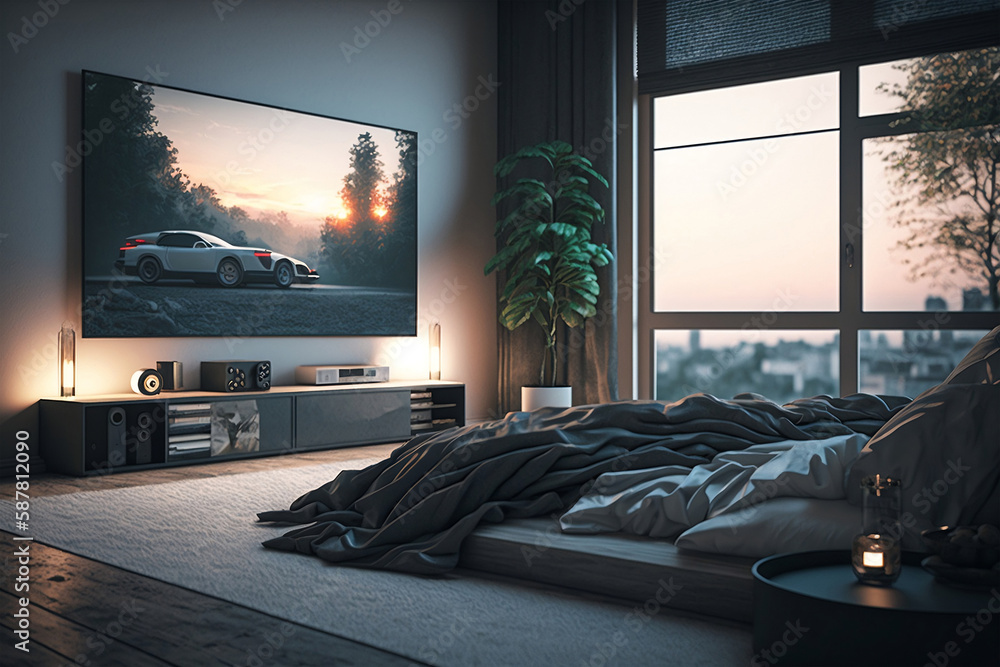 interior of a bedroom, Modern bedroom interior with lights shining in ...