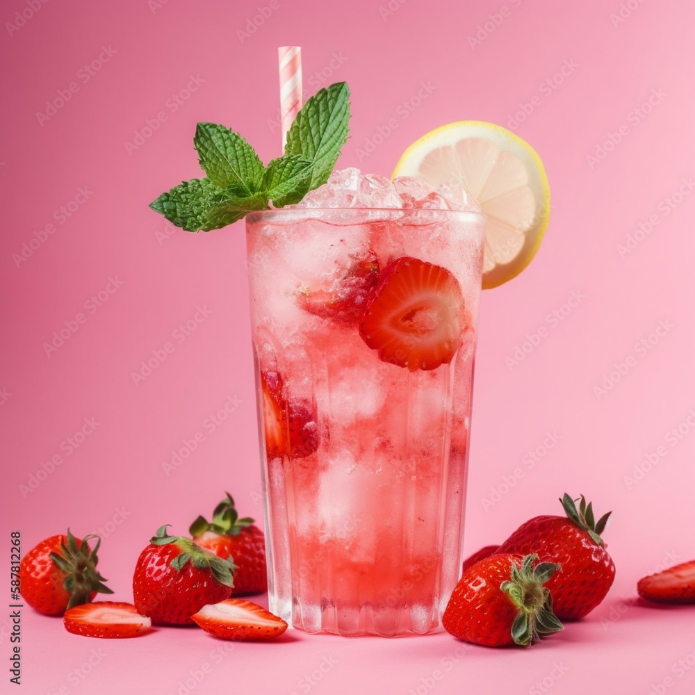Fresh healthy limonate cocktail with crushed ice, strawberry and mint ...