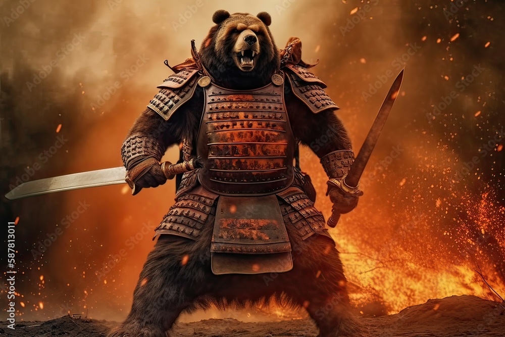 Formidable Bear. Portrait of bear wear samurai armor on blur fiery ...