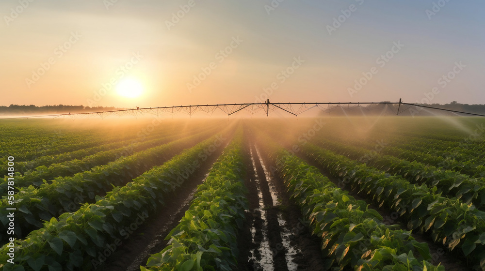 Irrigation system on agricultural soybean field, rain gun sprinkler on ...