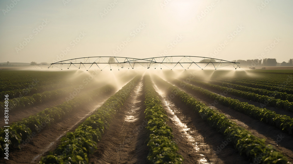 Irrigation system on agricultural soybean field, rain gun sprinkler on ...
