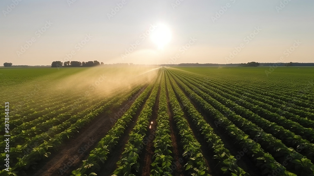 Irrigation system on agricultural soybean field, rain gun sprinkler on ...
