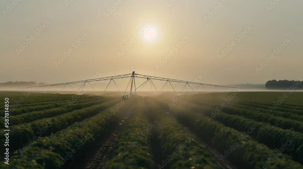 Irrigation system on agricultural soybean field, rain gun sprinkler on ...