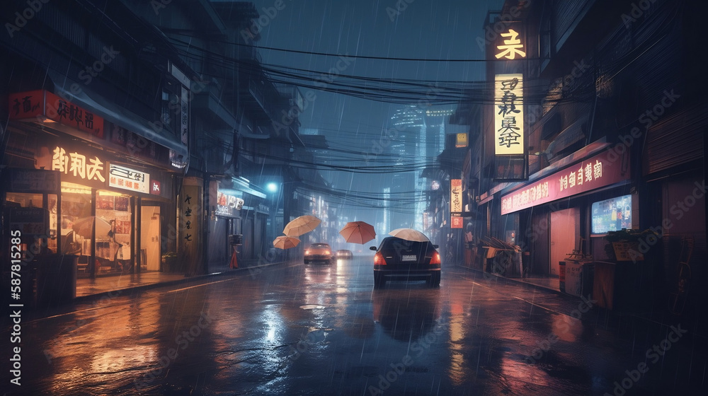 Asian, Japanese cyberpunk futuristic city. Dark rainy day with ...
