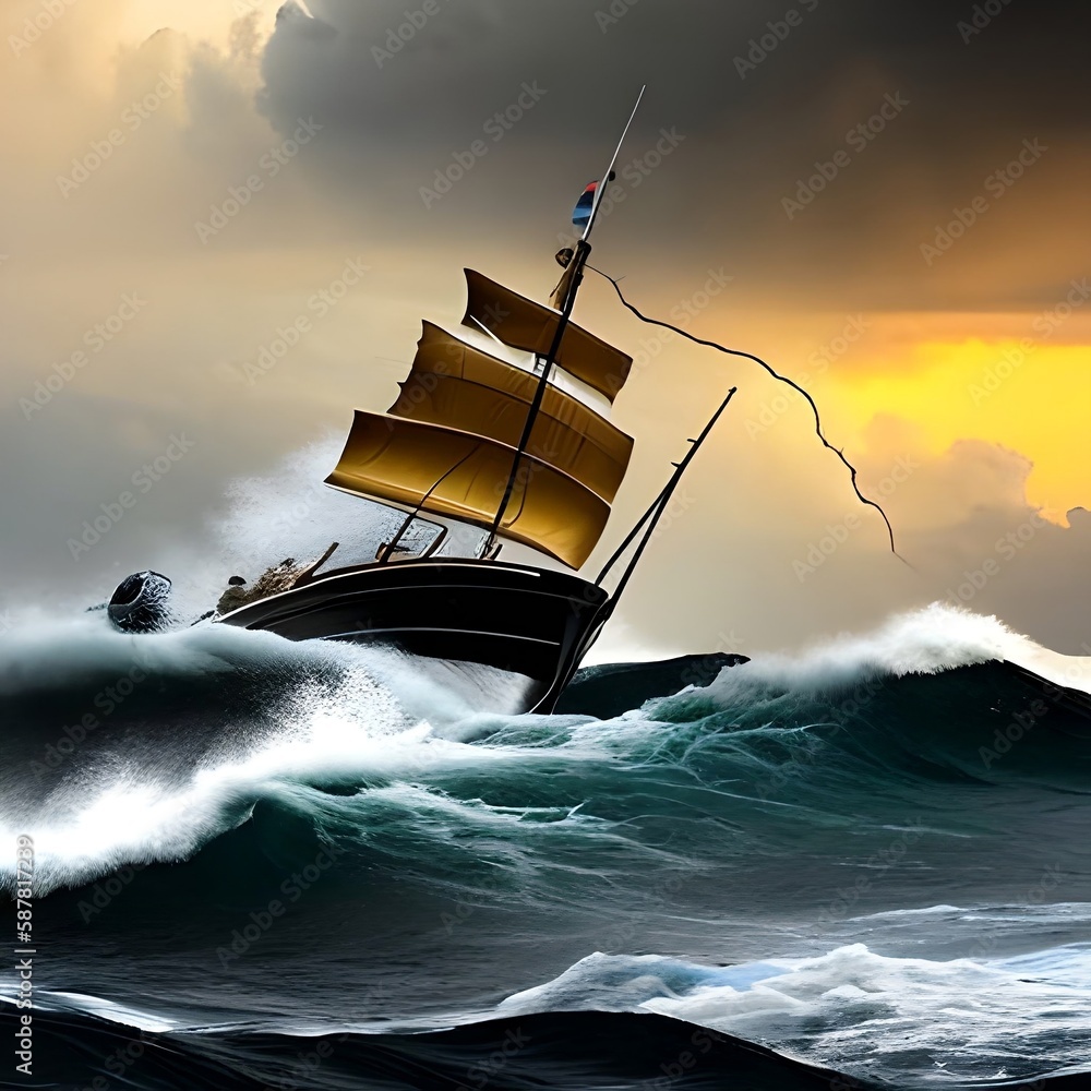 fishing boat navigating during a storm. Thunder, rain big waves on the ...