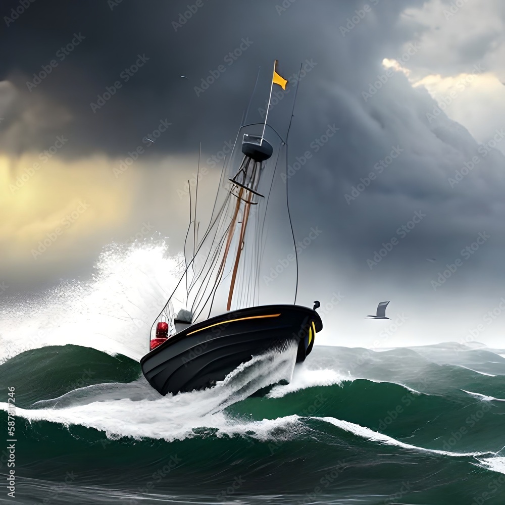 fishing boat navigating during a storm. Thunder, rain big waves on the ... fishing boat navigating during a storm. Thunder, rain big waves on the ...