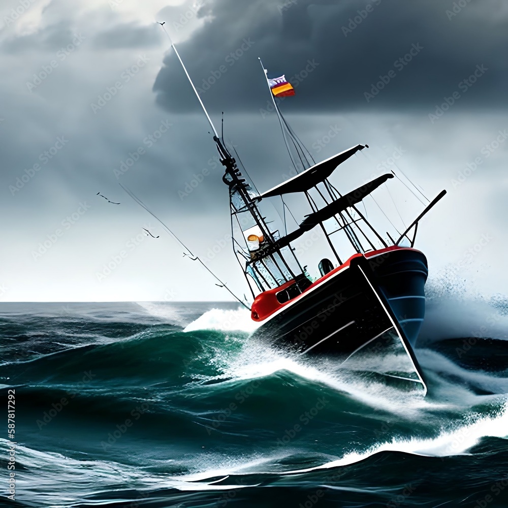 fishing boat navigating during a storm. Thunder, rain big waves on the ... fishing boat navigating during a storm. Thunder, rain big waves on the ...