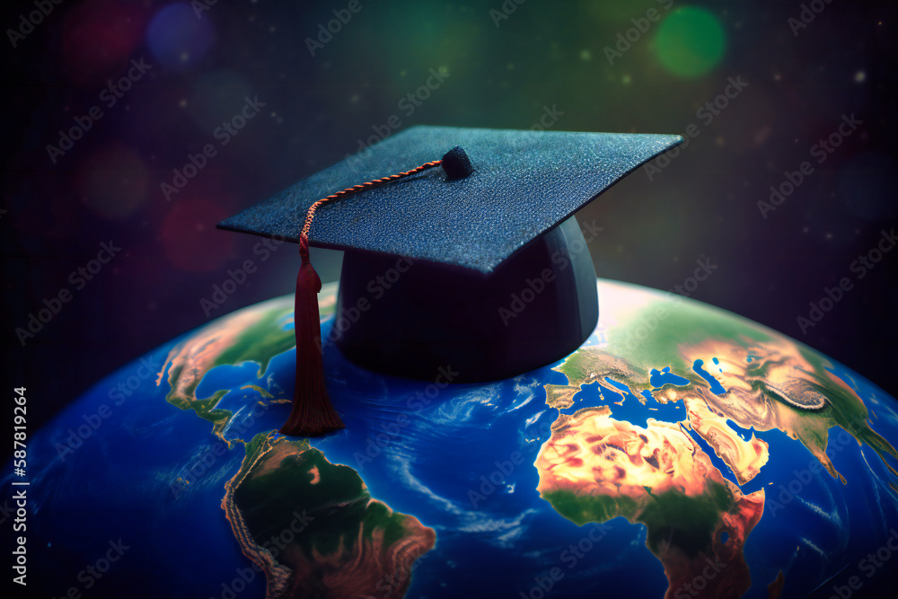 The graduation cap and Earth globe together represent the global reach ...