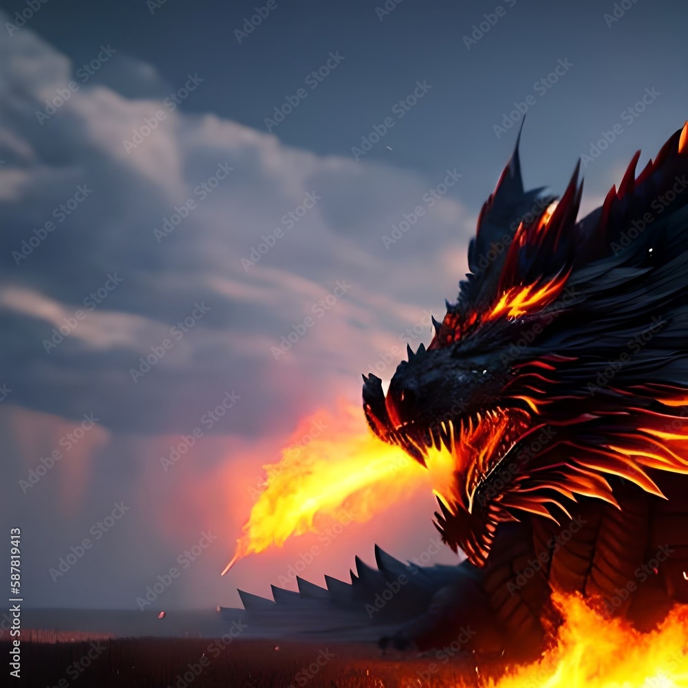 Fire breathes explode from a giant dragon in a black night, the epic ...