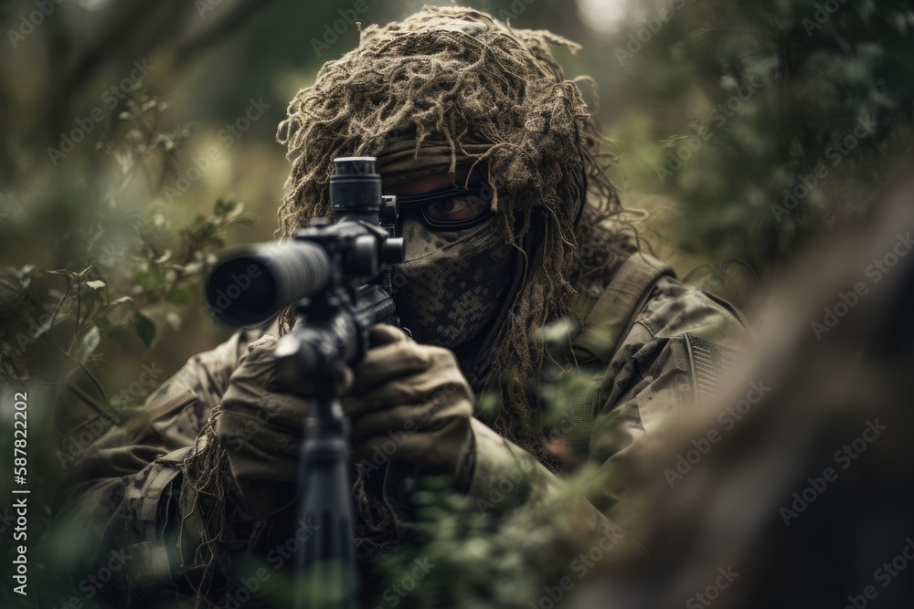 Sniper hidden in the woods taking aim to shoot. The image conveys a ...
