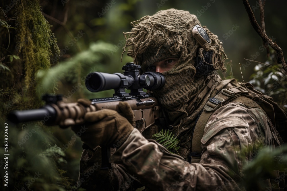 Sniper hidden in the woods taking aim to shoot. The image conveys a ...
